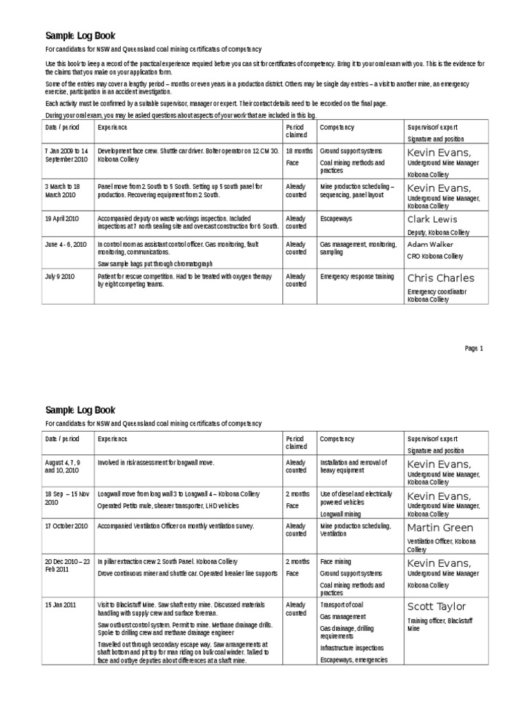 Practical Experience Logbook Example PDF Coal Mining Economic Geology