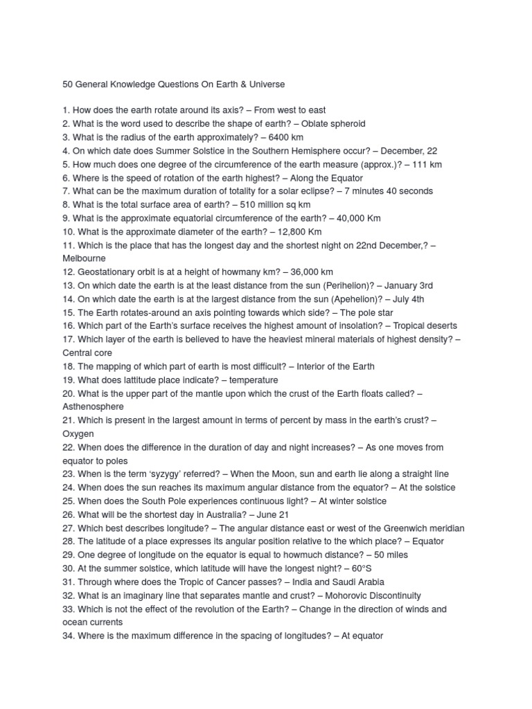50 General Knowledge Questions On Earth | PDF | Equator | Latitude