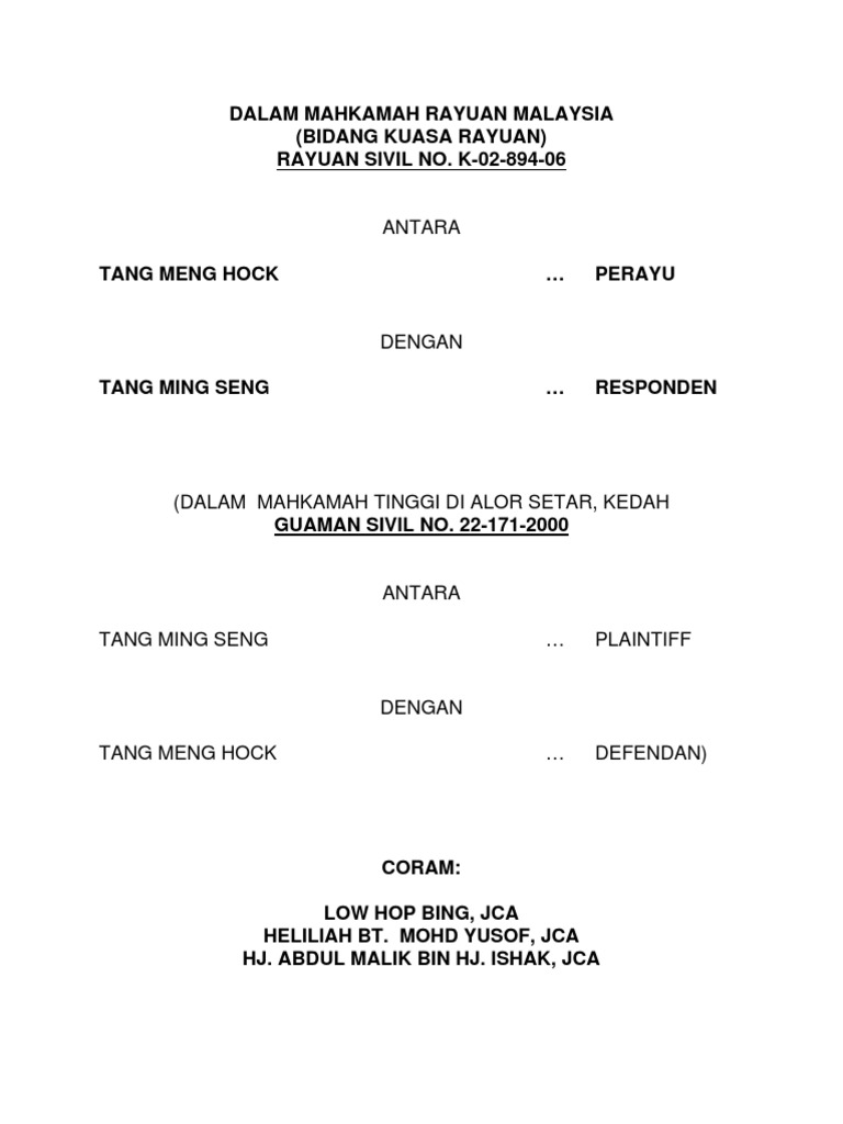 Rayuan Sivil No K-02-894-06 Tang Meng Hock V Tang Ming Seng | PDF ...
