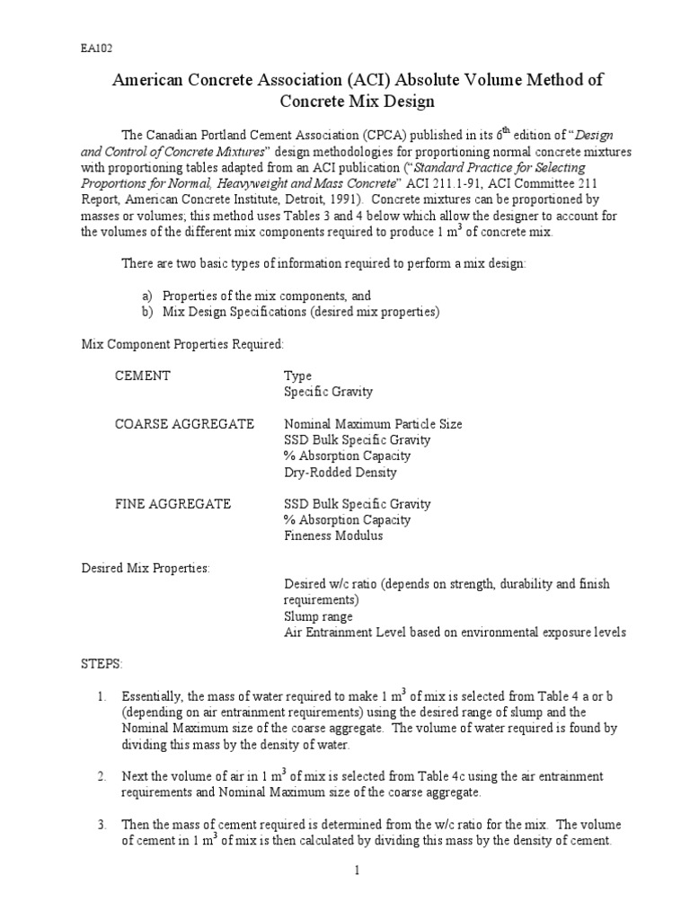 ACI Absolute Volume Mix Design Method Design Concrete PDF | PDF