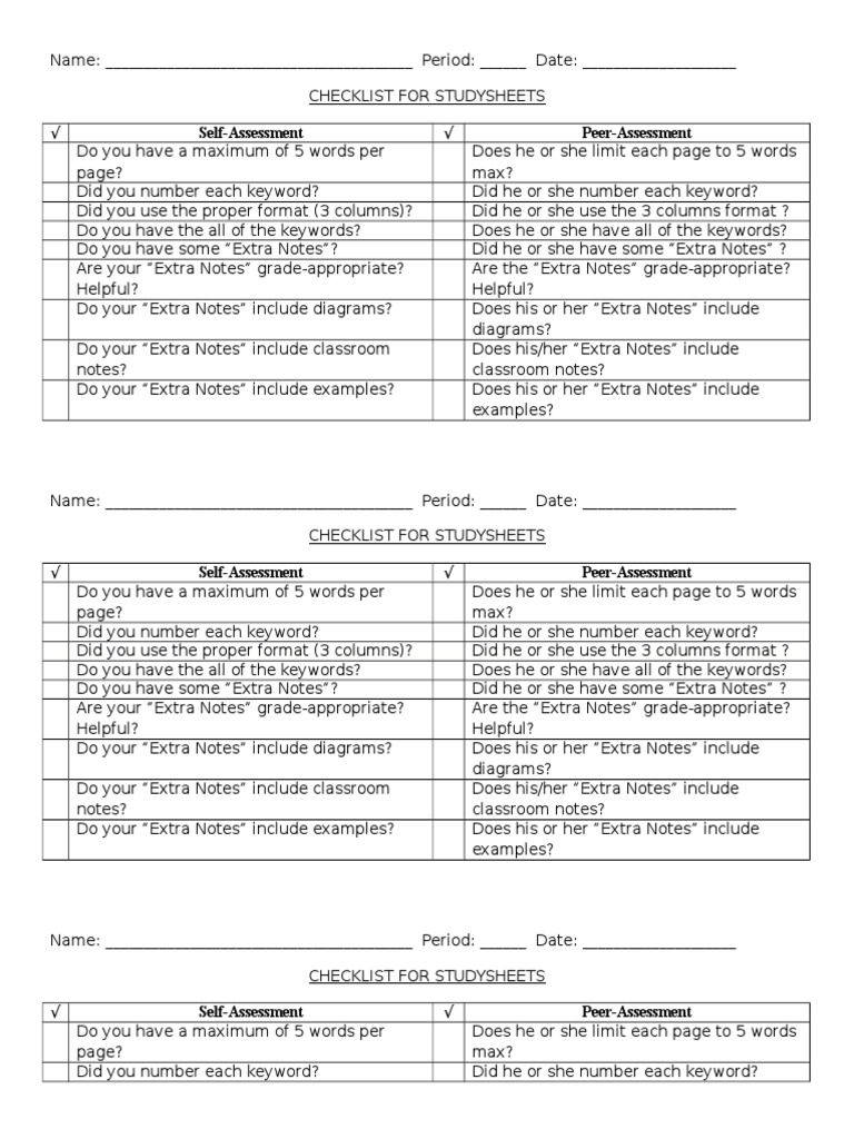 Checklist For Studysheets 2 | PDF