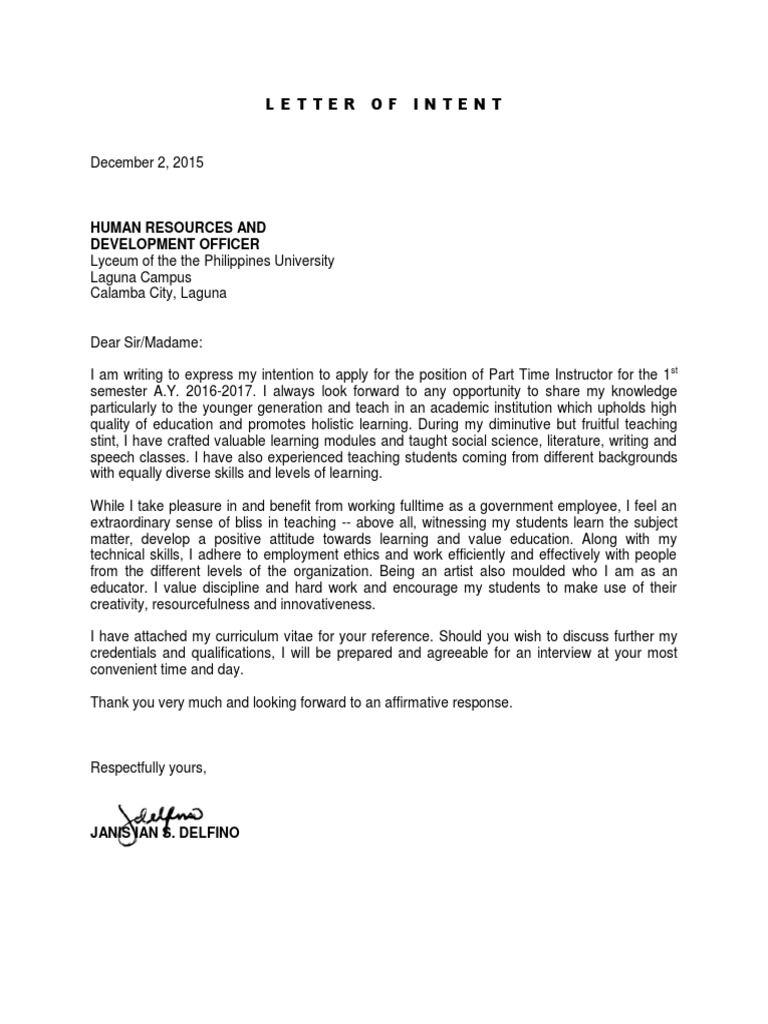 Letter of Intent for Part-Time Instructor | PDF