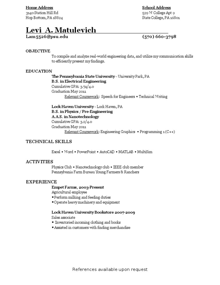 Engineering Resume of Levi Matulevich | PDF
