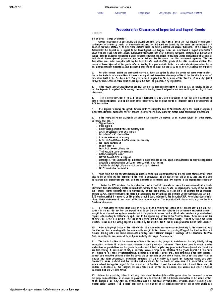 Customs Clearance Procedures in India | PDF