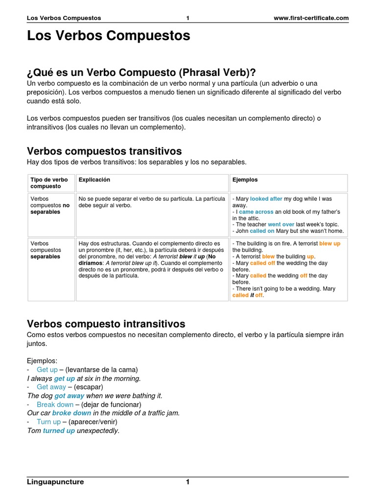 Una guía completa de los verbos compuestos en inglés | PDF | Verbo ...