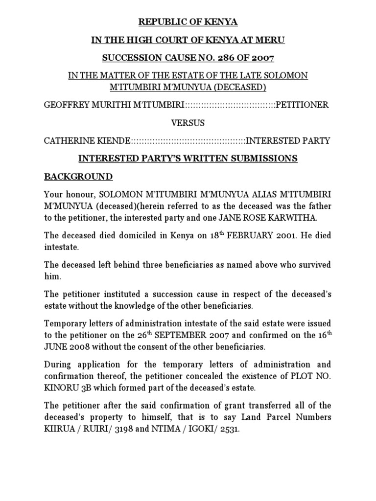 Submissions Revocation of Grant | Probate | Intestacy