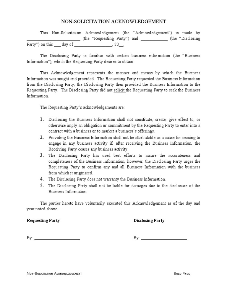 Non Solicitation Acknowledgement