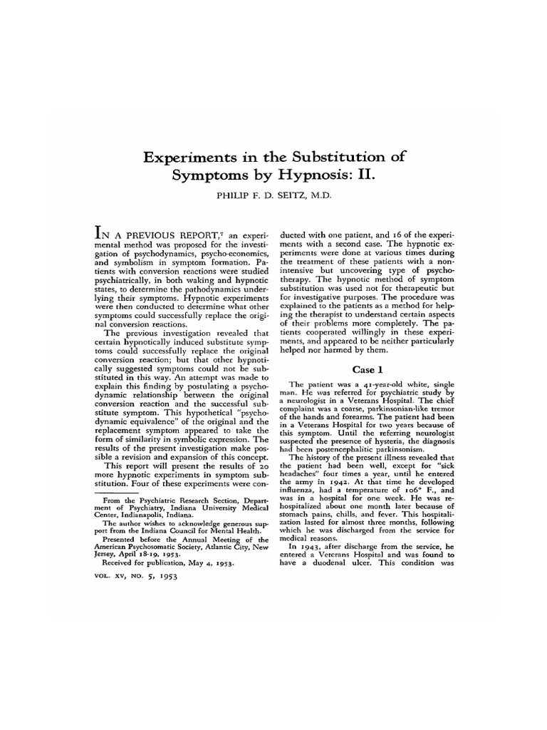 Seitz-Experiments Substitution Symptoms Hypnosis II | PDF | Hypnosis | Pain