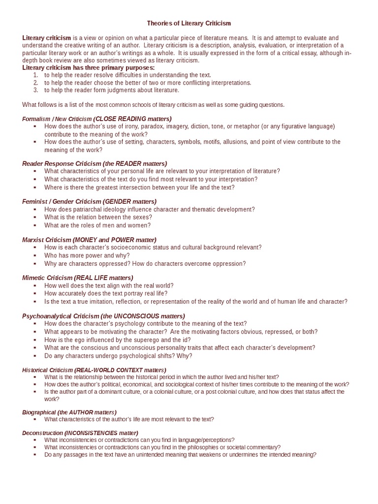 Theories of Literary Criticism Handout | PDF | Id | Literary Criticism