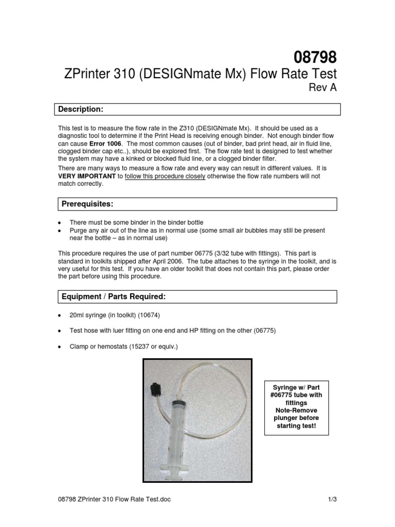 1396 - 08798 ZPrinter 310 Flow Rate Test | PDF | Technology & Engineering
