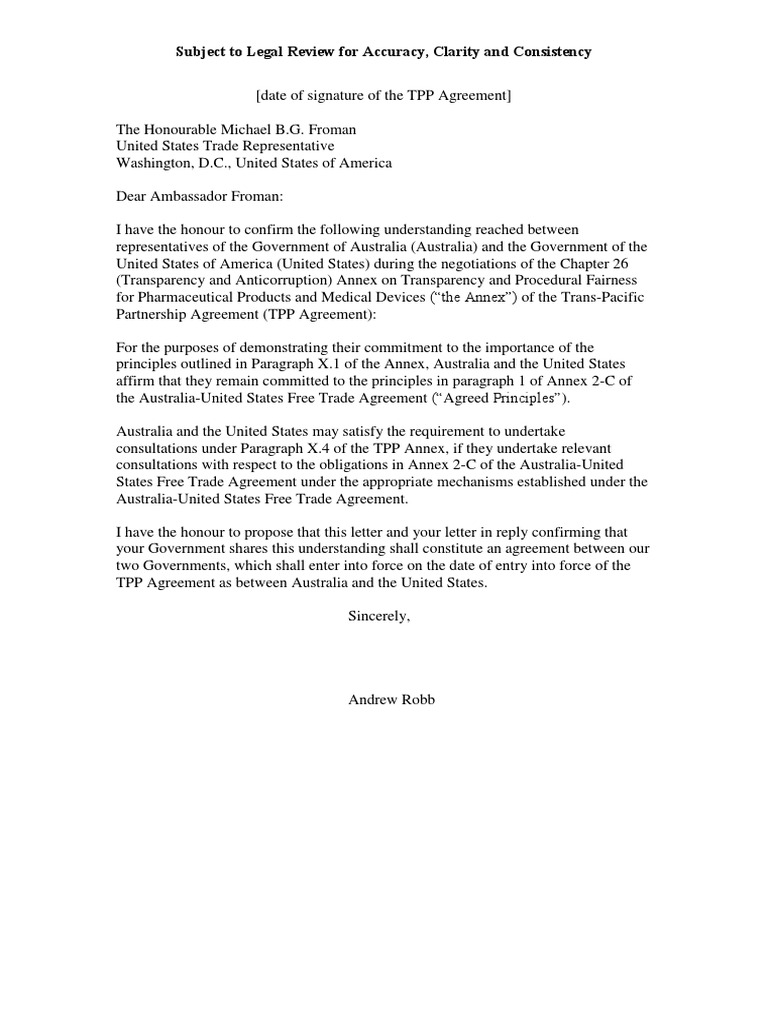 TPP Final Text US AU Letter Exchange On Transparency and Procedural ...