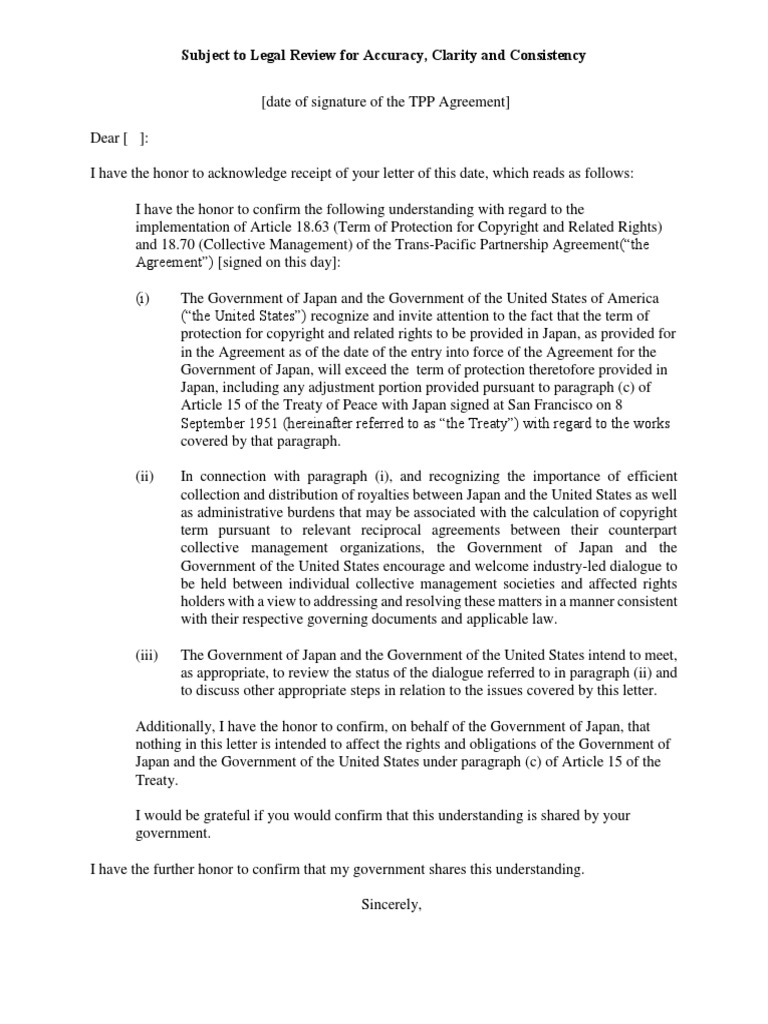 TPP Final Text US JP Letter Exchange Re Copyright Term | PDF | Trans ...