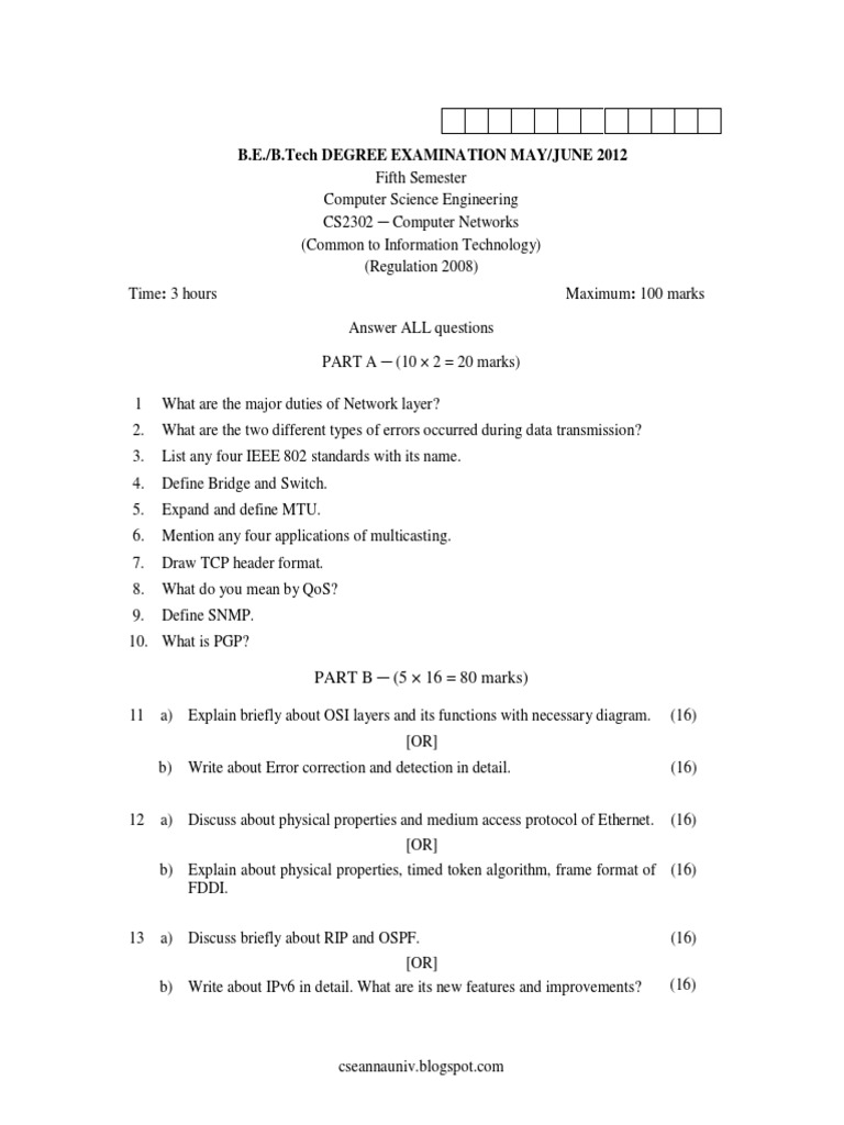 Computer Networks Exam Questions 2012 | PDF