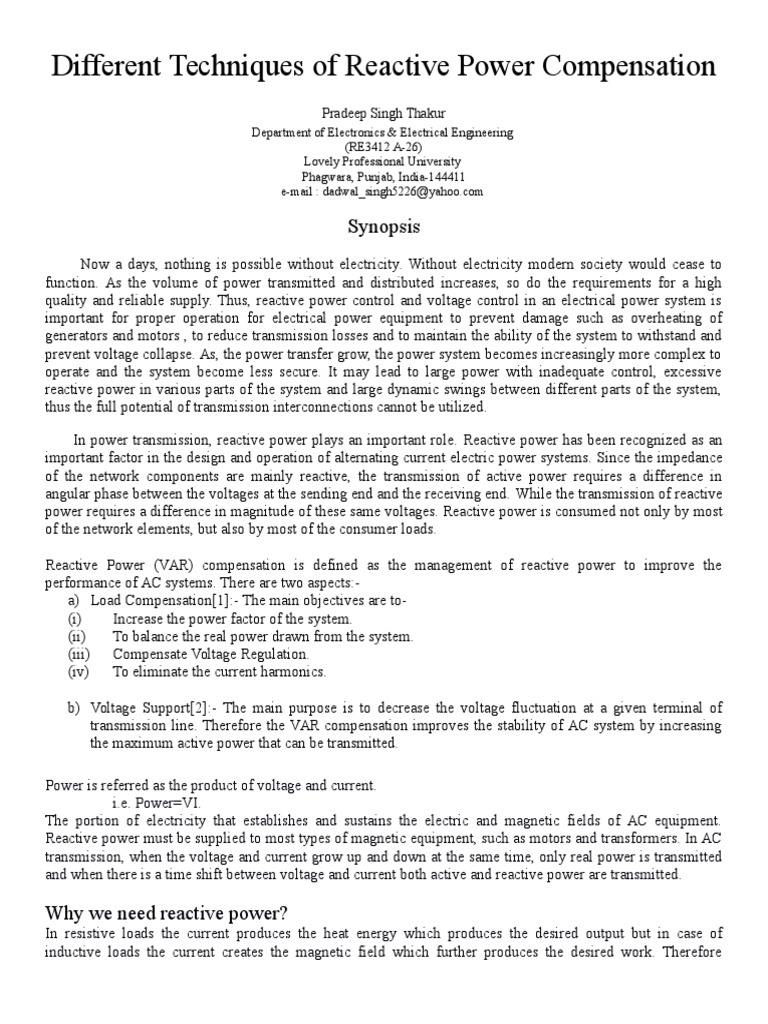 Different Techniques of Reactive Power Compensation | Download Free PDF ...