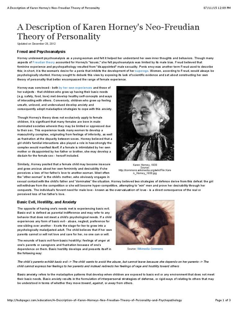 A Description of Karen Horney's Neo-Freudian Theory of Personality ...