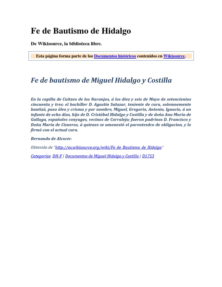 Fe de Bautismo de Hidalgo | PDF