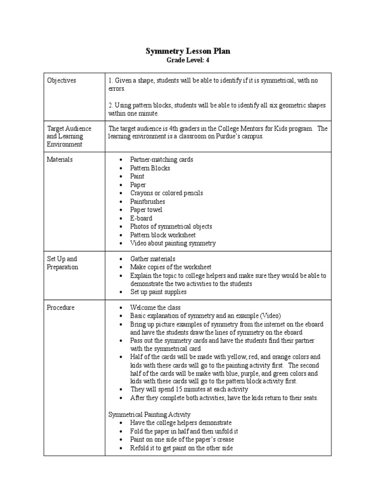 Symmetry Lesson Plan | PDF | Symmetry | Lesson Plan