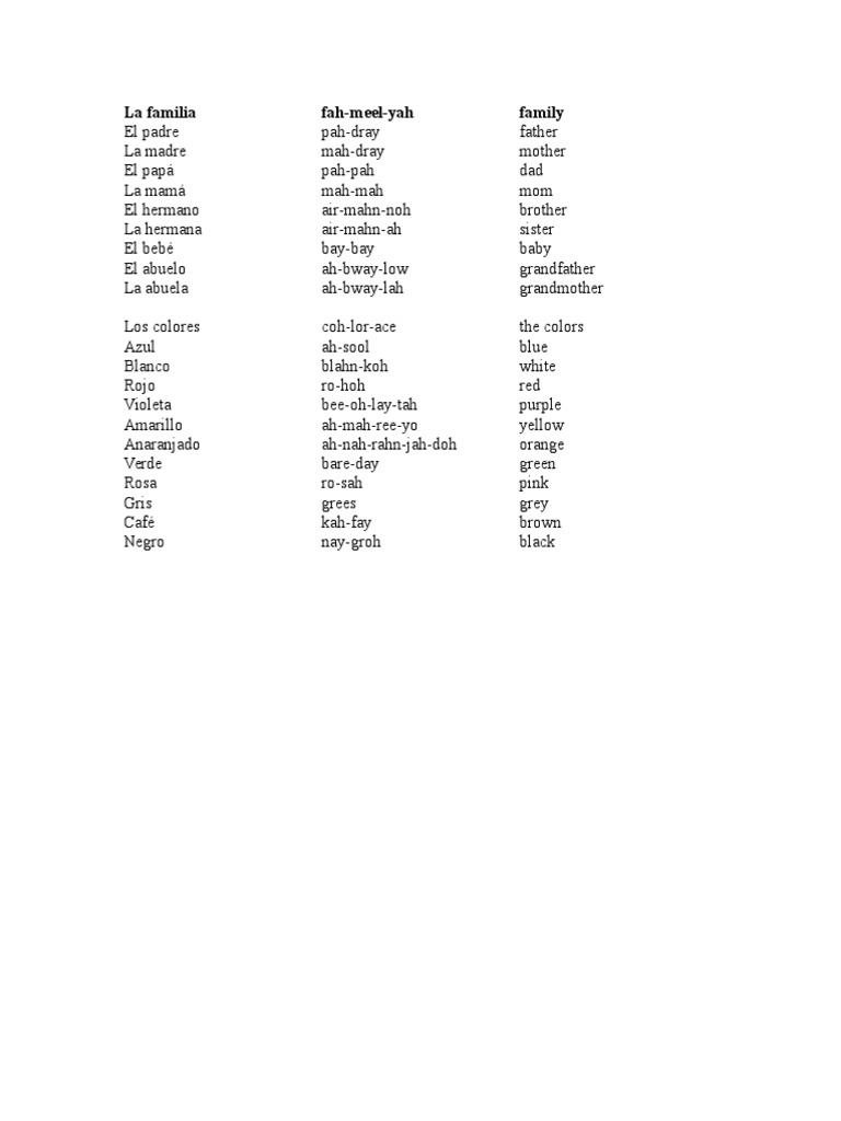 Spanish Family and Colors Vocabulary | PDF | Poetry