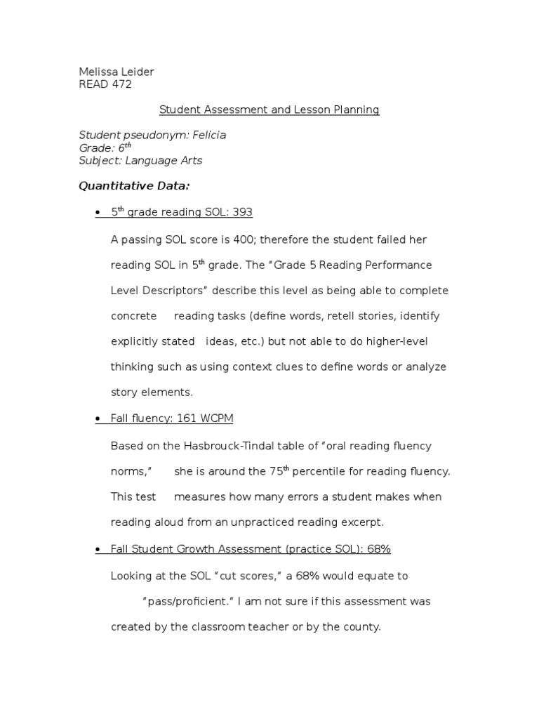 6th Grade Literacy Assessment Plan | PDF | Reading (Process) | Reading ...