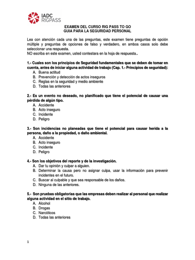 Examen del Curso Rig Pass | PDF | Helicóptero | Residuos