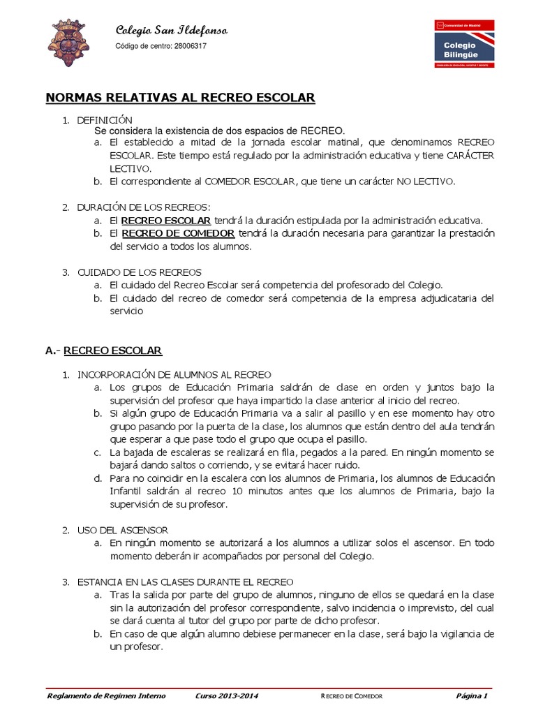 Normas Del Recreo Escolar | Educación primaria | Asociación de Futbol