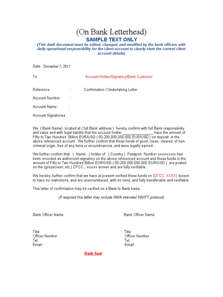 Bank Letter of Undertaking Sample | PDF | Finance & Money Management