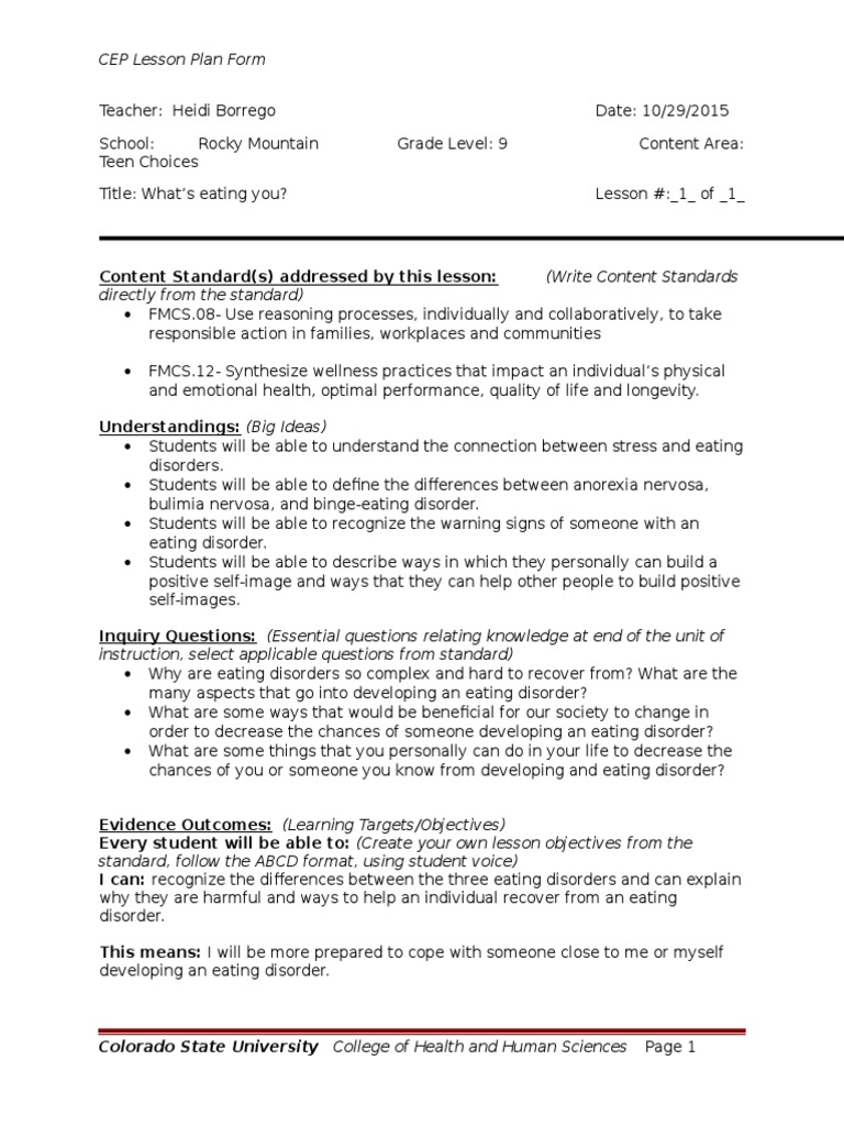 Eating Disorders Lesson Plan | PDF | Bulimia Nervosa | Binge Eating ...