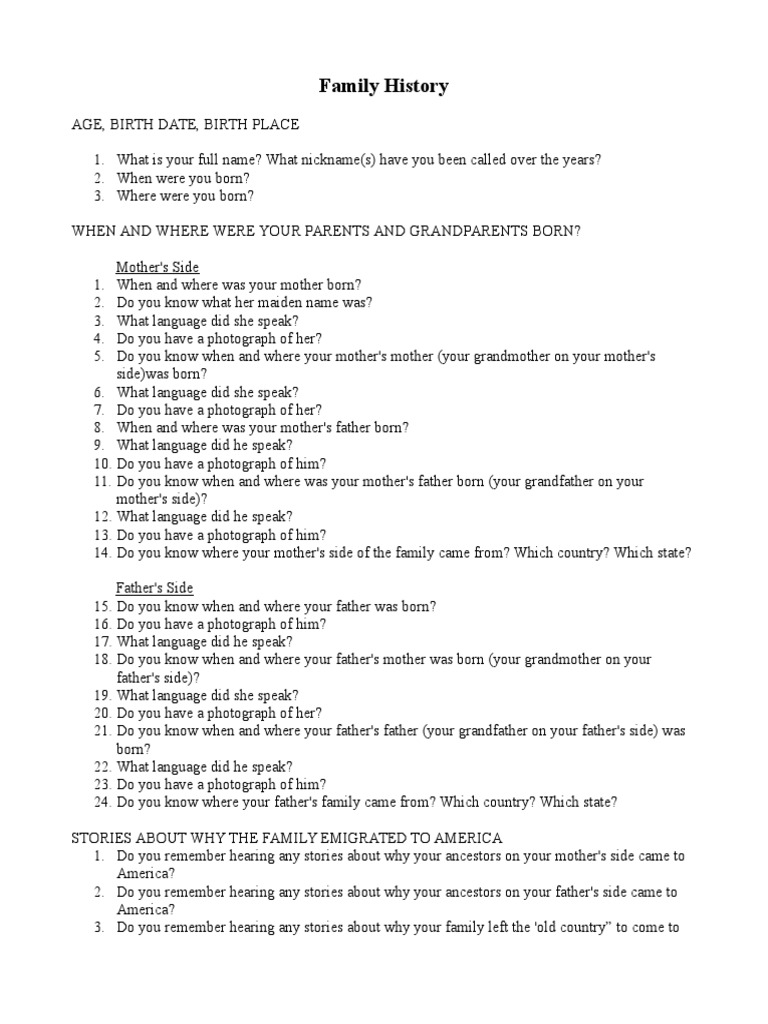 Family History Questionnaire Guide | PDF | Grandparent | Genealogy