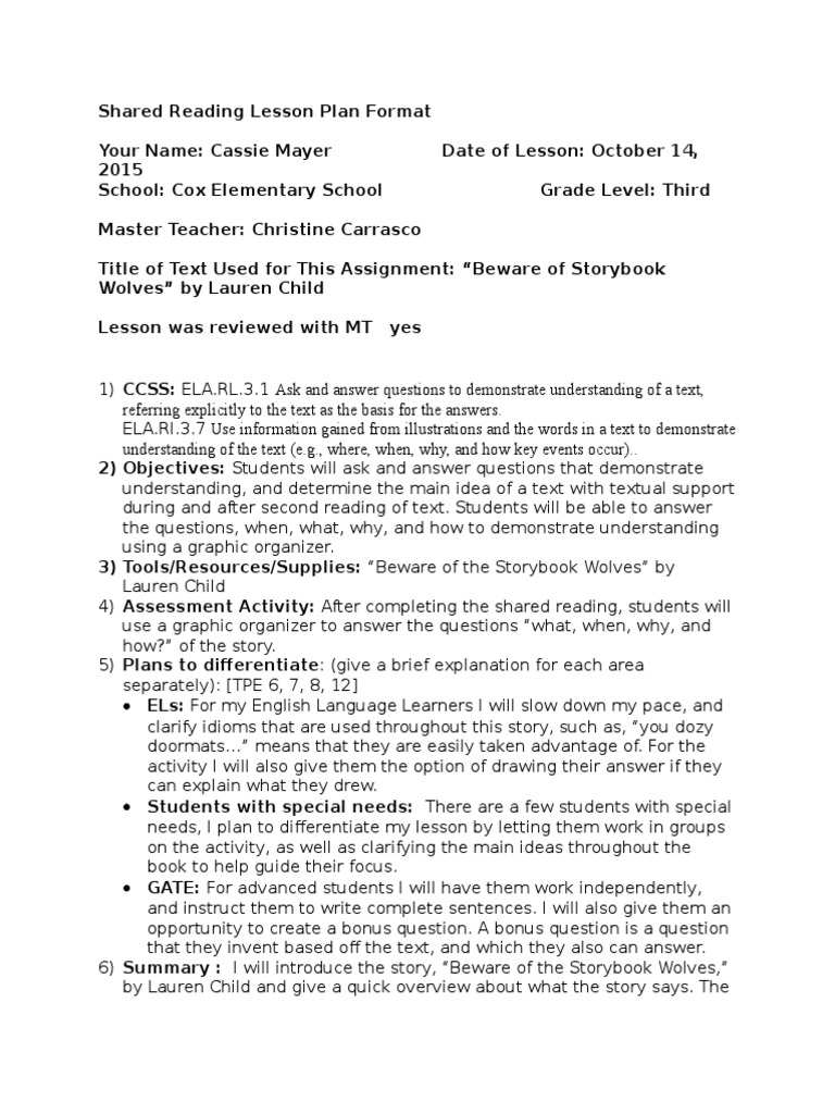 Shared Reading Lesson Plan Format | PDF | Lesson Plan | Educational ...