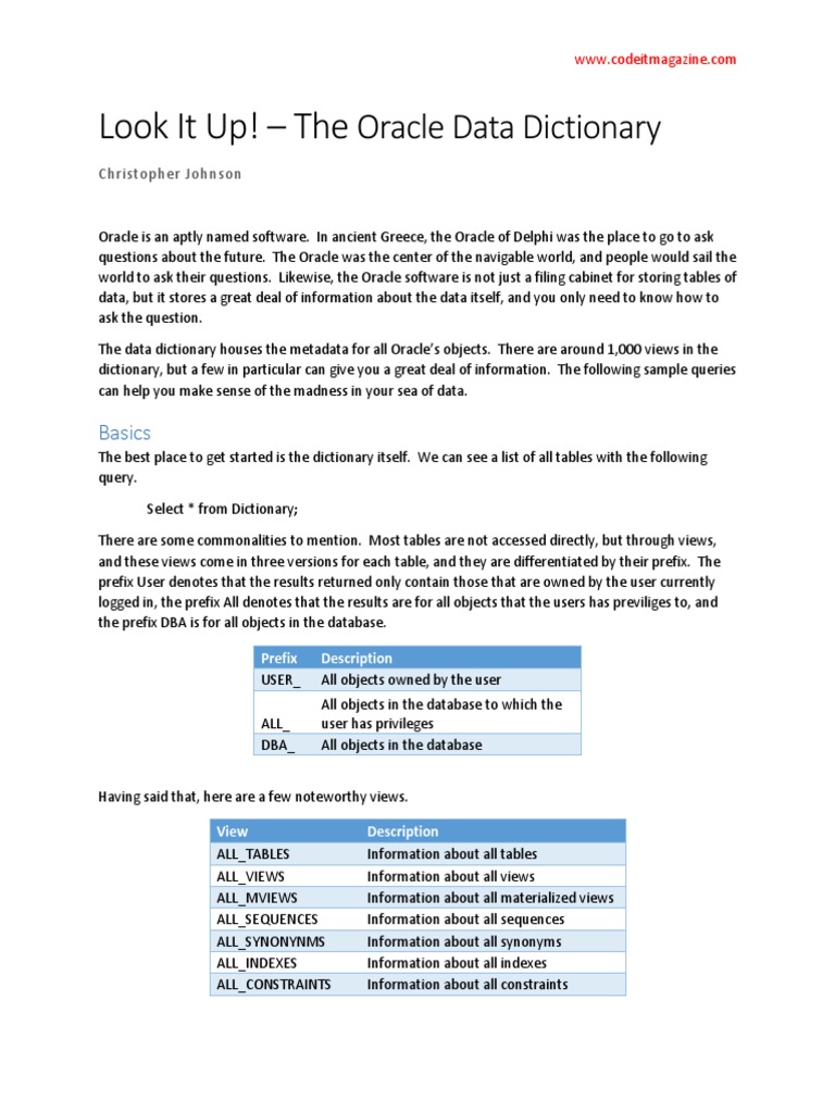 Look It Up Oracle Data Dictionary Pdf Oracle Database Database Index