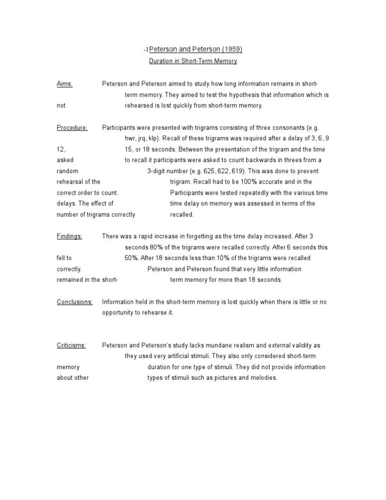 Peterson & Peterson: Short-Term Memory Study | PDF | Memory | Cognitive ...