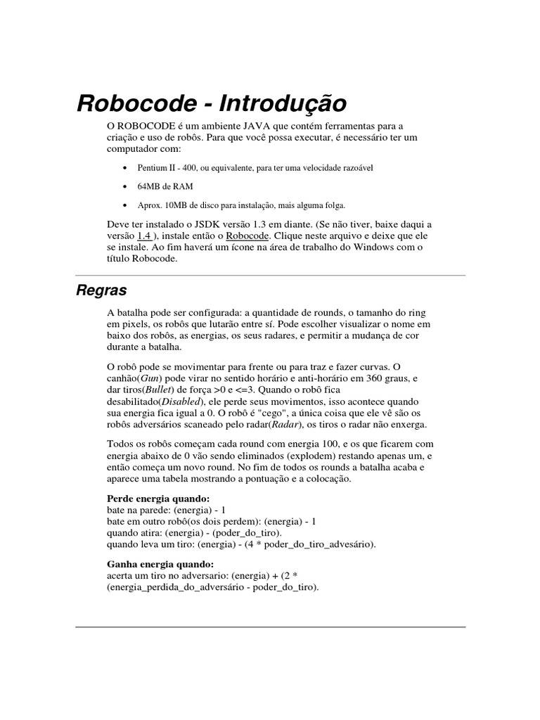 Tutorial Robocode | PDF | Parâmetro (programação de computador) | Robô