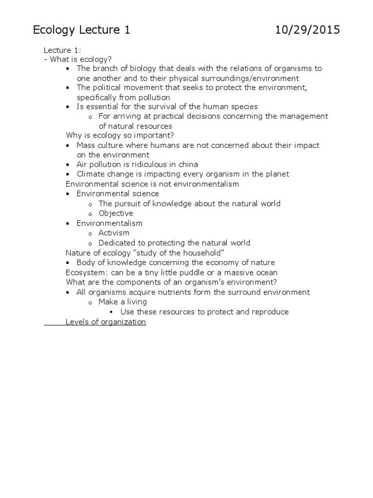 Ecology Lecture 1 | PDF | Ecology | Ecosystem