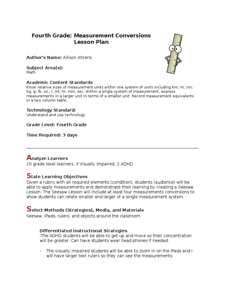 Fourth Grade: Measurement Conversions Lesson Plan | PDF