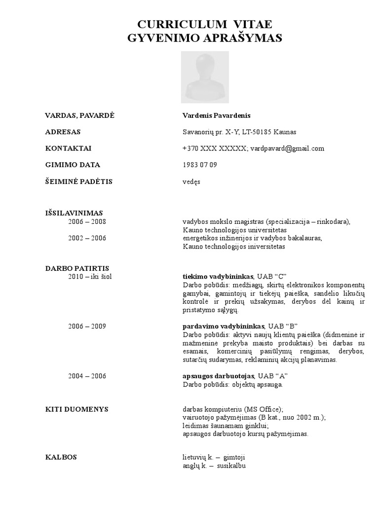 CV Pavyzdys Gyvenimo Aprasymas | PDF