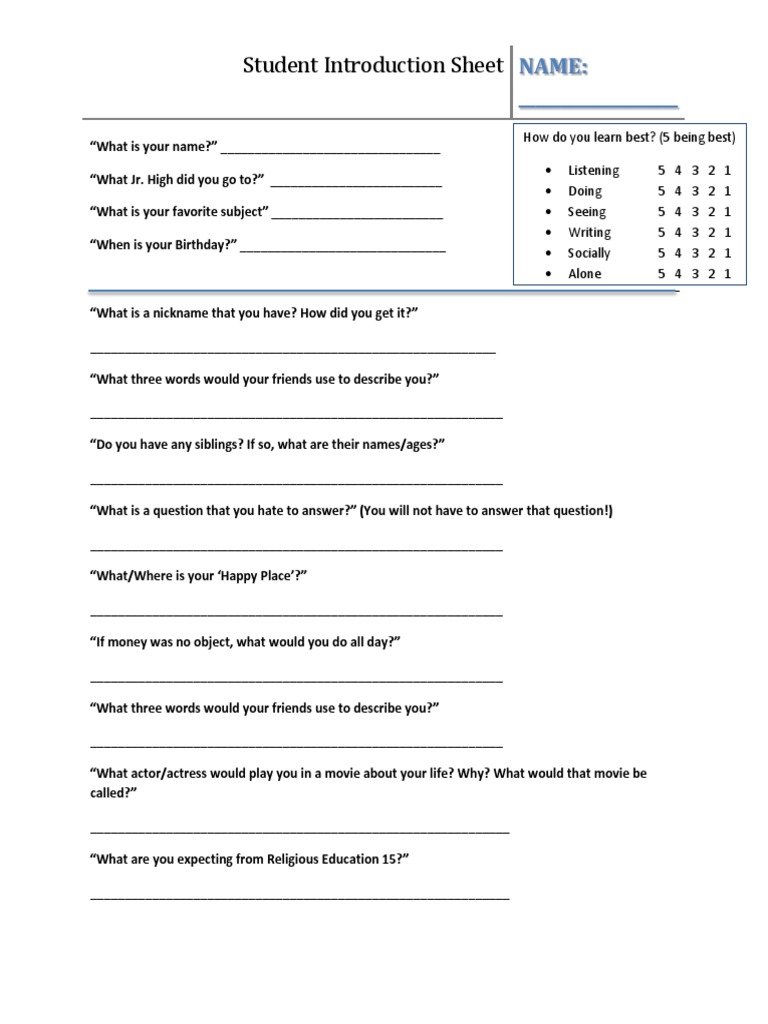 Student Introduction Sheet | PDF