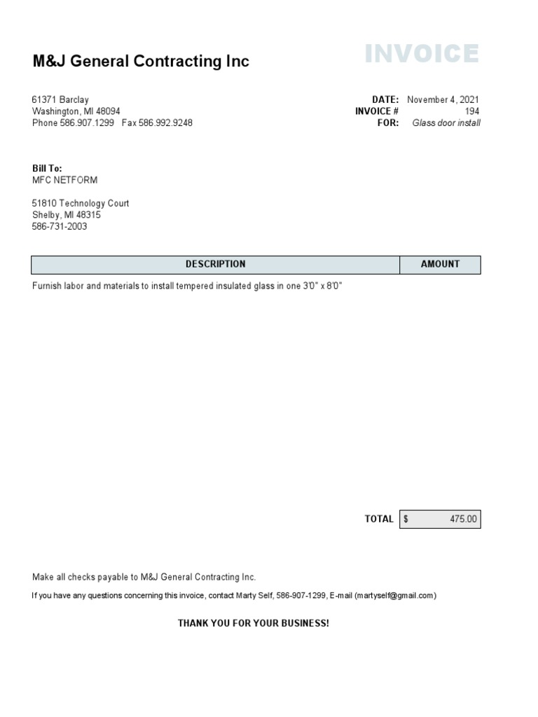 Invoice for Glass Door Installation | PDF