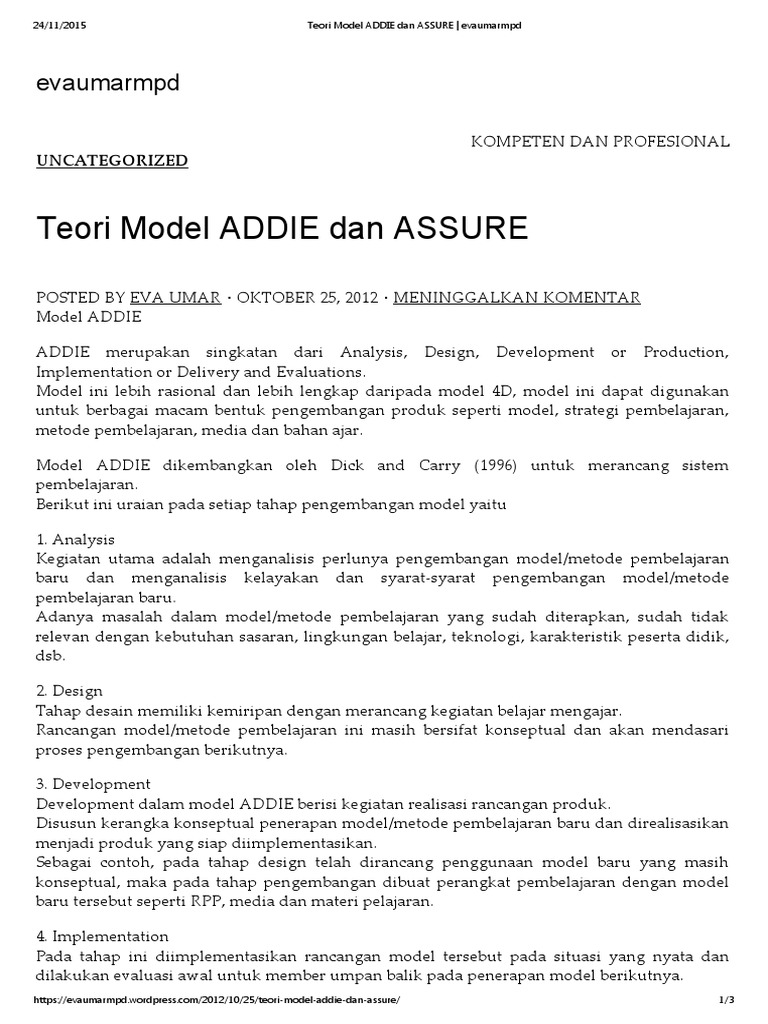 Teori Model ADDIE Dan ASSURE - Evaumarmpd | PDF