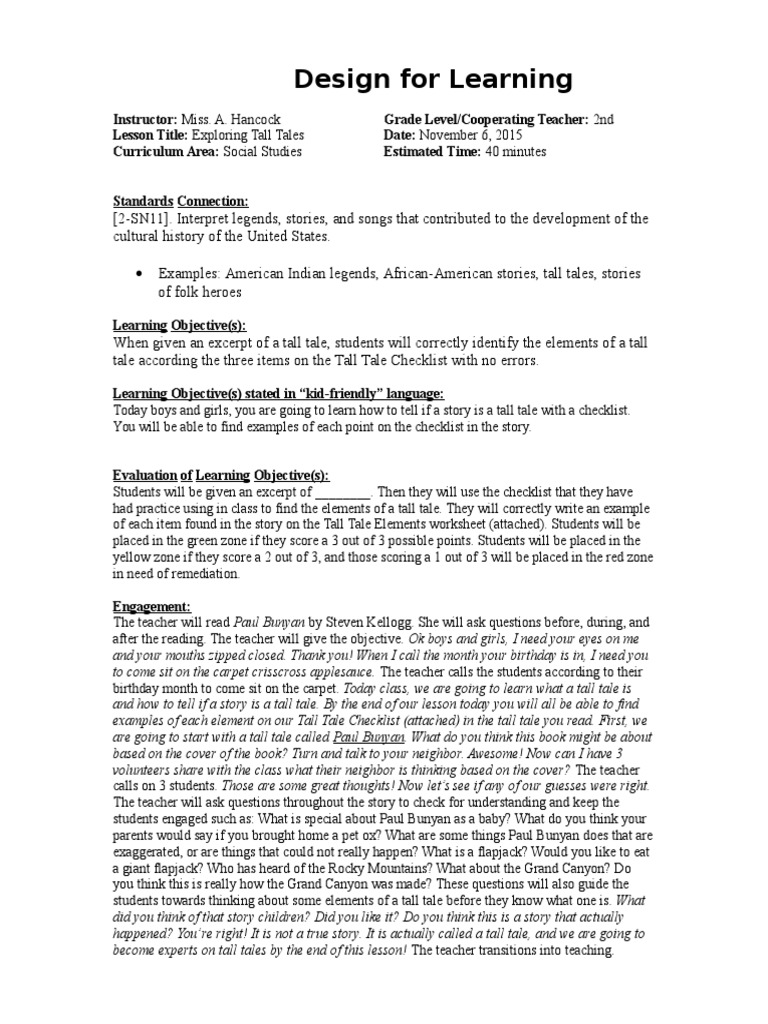 Tall Tale Lesson Final Grade | PDF | Teachers | Teaching And Learning