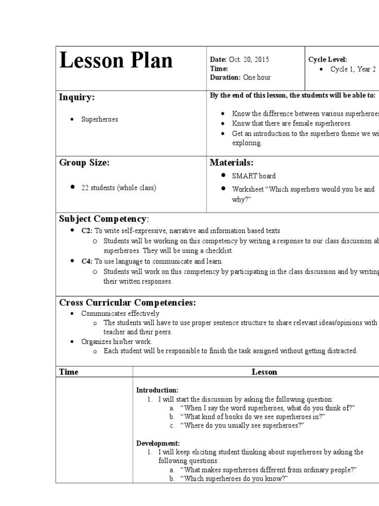 Lesson Plan #1 - Intro To Superheroes | Download Free PDF | Lesson Plan ...