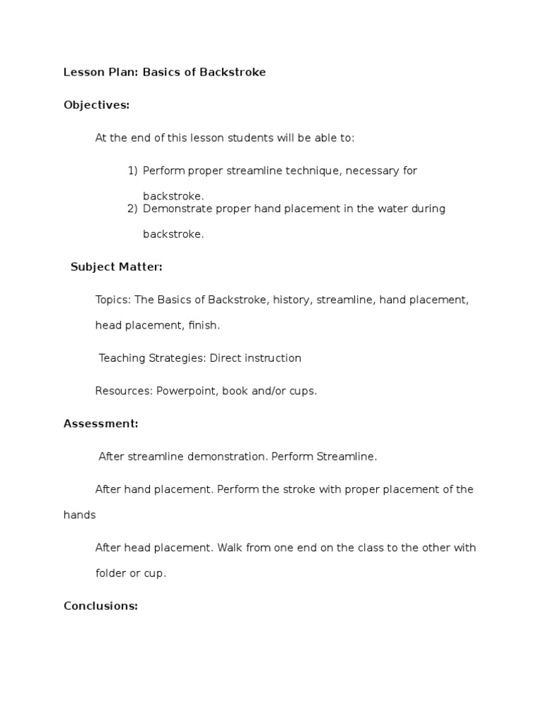 Lesson Plan: Basics of Backstroke Objectives | PDF