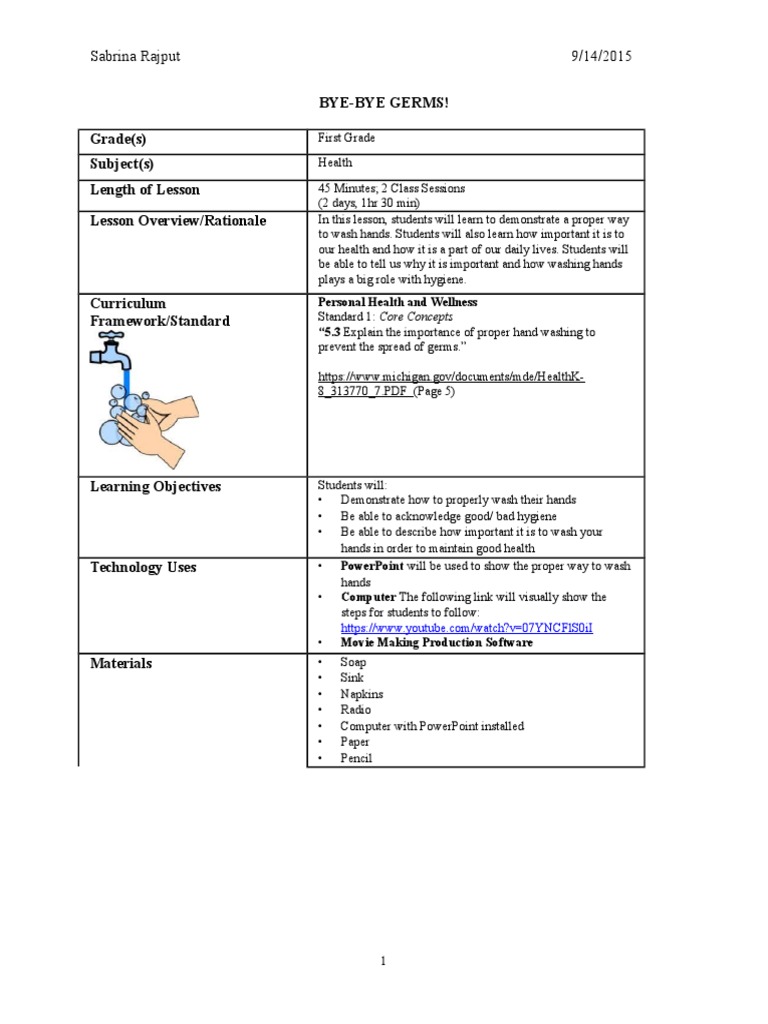 Lesson Plan | PDF | Hand Washing | Educational Assessment