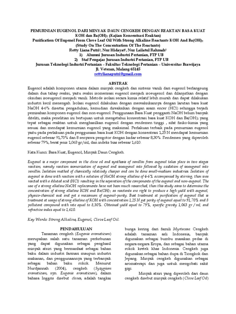 Pemurnian Eugenol Dari Minyak Daun Cengkeh Dengan Reaktan Basa Kuat PDF | PDF