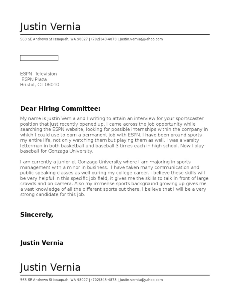 Justin Vernia: Dear Hiring Committee | PDF