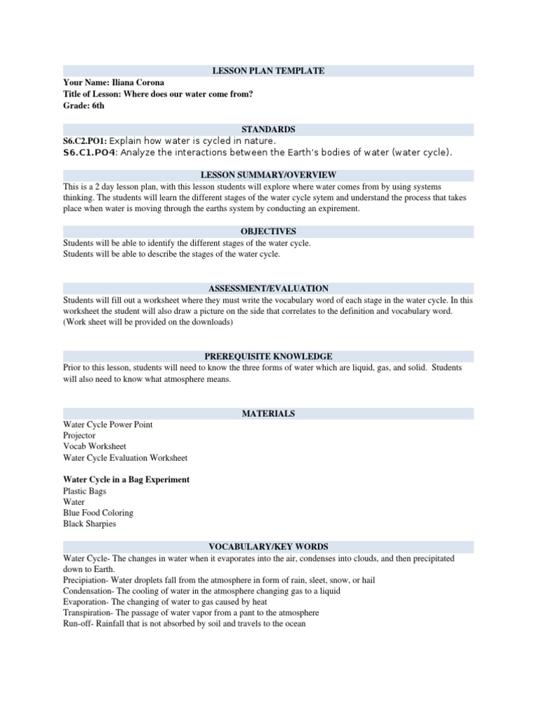 Water Cycle Lesson Plan for 6th Grade | PDF | Water Cycle | Lesson Plan