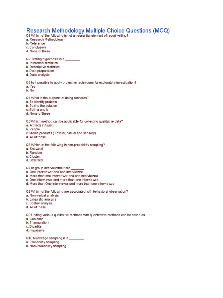 Research Methodology Multiple Choice Questions | PDF | Validity (Statistics) | Qualitative Research
