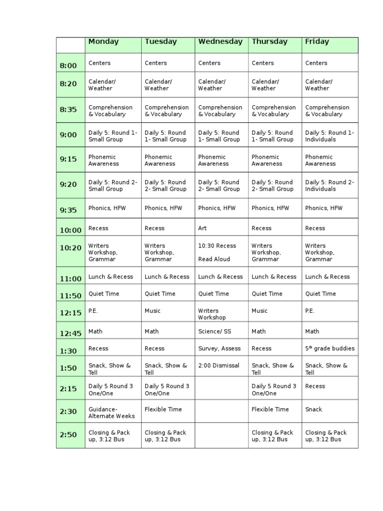 Weekly Classroom Schedule Overview | PDF