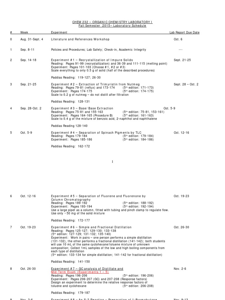 Chem 232 Expt Schedule Fall 2015N 2 | PDF | Distillation | Separation ...