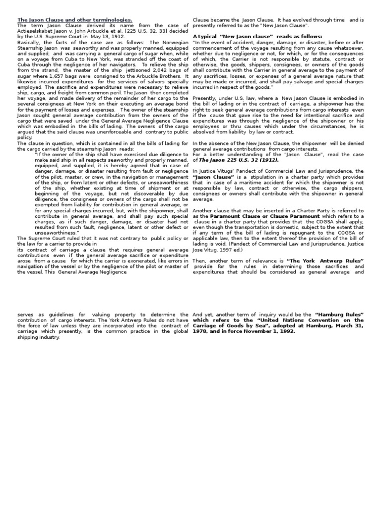 The Jason Clause and Other Terminologies | PDF | Civil Law (Legal ...