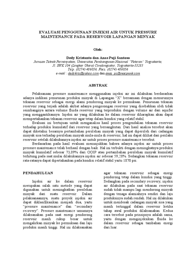 Evaluasi Penggunaan Injeksi Air Untuk Pressure Maintenance Pada ...